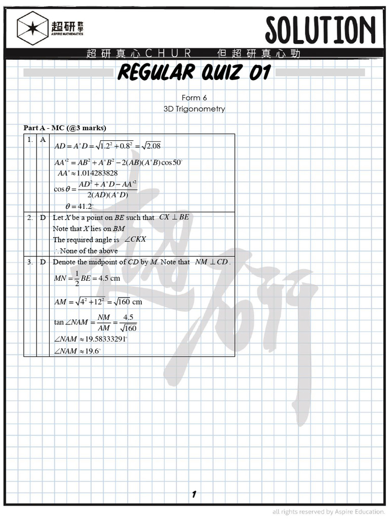 3D Trigonometry Quiz Solutions | PDF | Elementary Geometry | Elementary ...