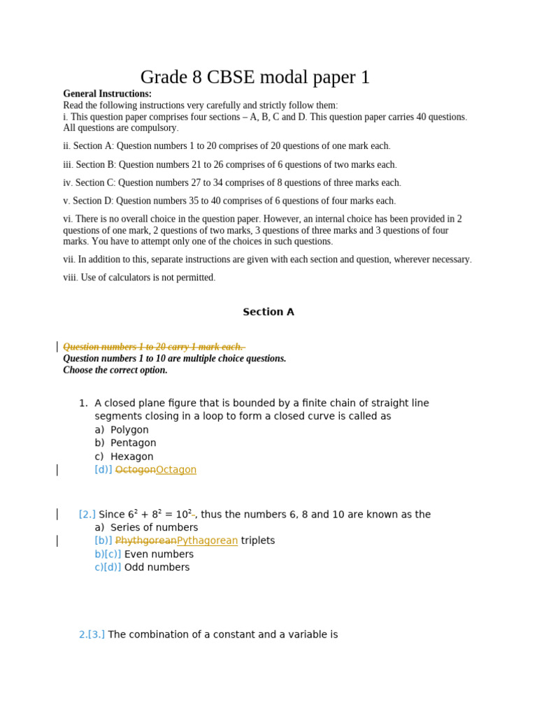Grade 8 Cbse Modal Paper 1 | PDF | Mathematics