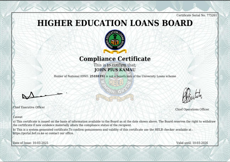 HELB Compliance Certificate for John Kamau | PDF