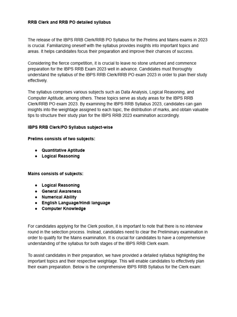 RRB Clerk and RRB PO detailed syllabus | PDF