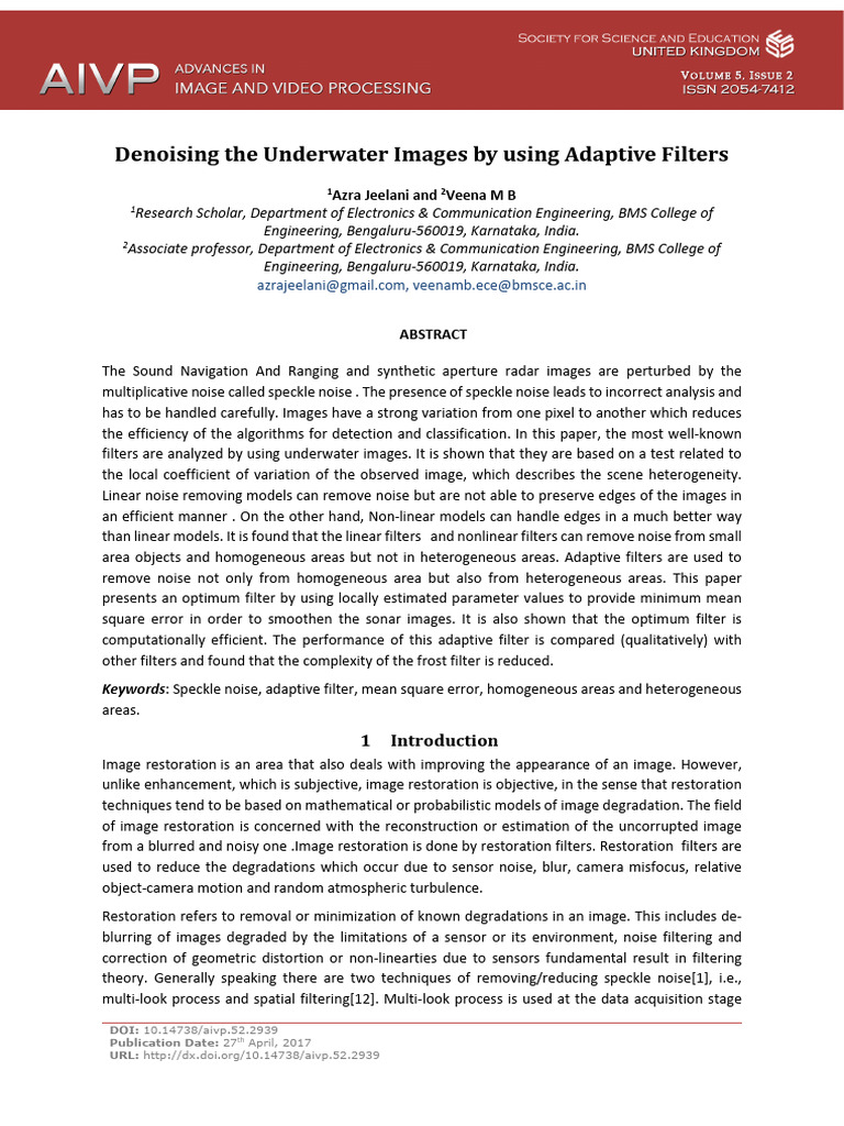 Denoising of Underwater Images by Using Adaptive Filters | PDF | Filter (Signal Processing ...