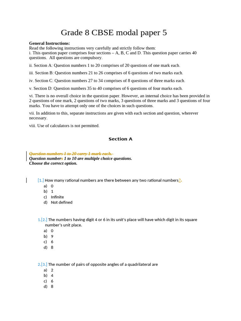 Grade 8 CBSE Modal Paper 5 Guide | PDF | Rectangle | Elementary Geometry