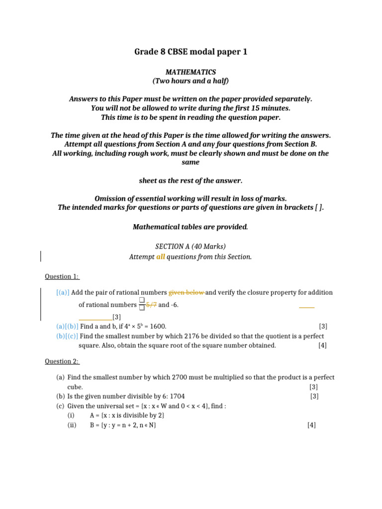Grade 8 Icse Modal Paper 1 | PDF | Numbers | Mathematics
