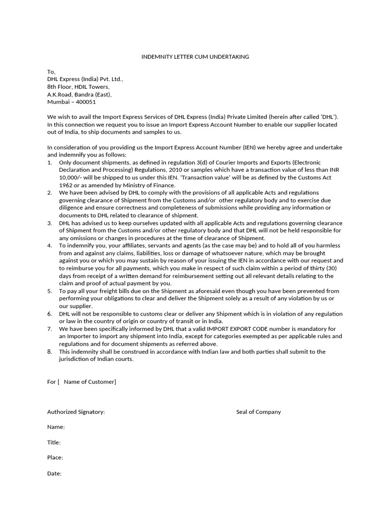 Indemnity Where Importer Does Not Have IEC & IMP Is For Documents | PDF | Indemnity | Justice