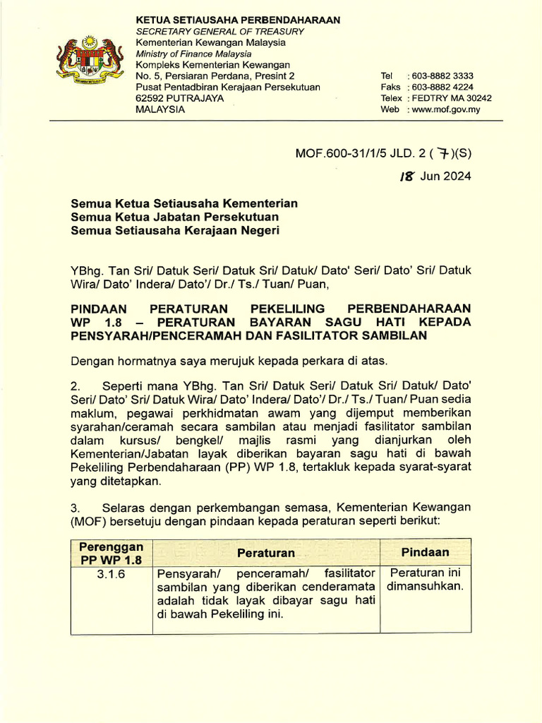 Surat Edaran Pindaan Peraturan Pekeliling Perbendaharaan WP 1.8 Peraturan Bayaran Sagu Hati ...