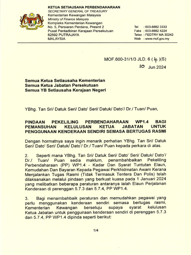 Surat Edaran Pindaan Pekeliling Perbendaharaan WP 1.4 Bagi Pemansuhan Kelulusan Ketua Jabatan ...