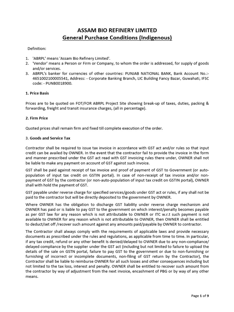 Assam Bio Refinery Purchase Conditions | PDF | Arbitration | Value ...