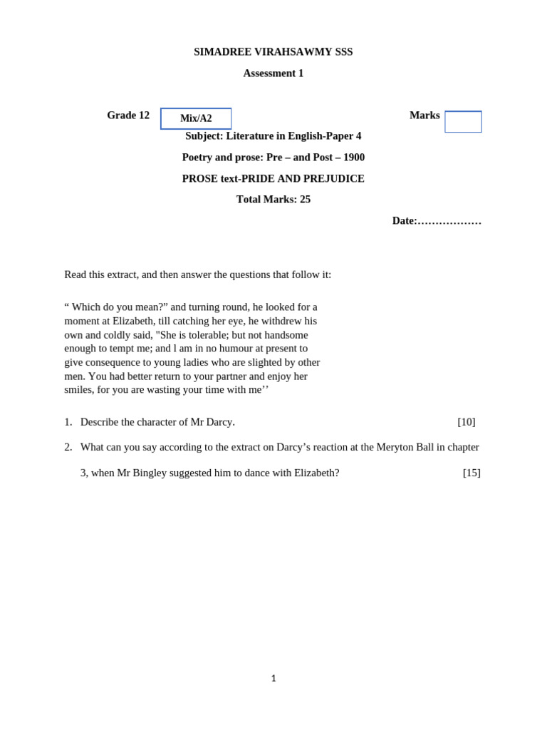 Grade 12 Literature Assessment: Pride and Prejudice | PDF