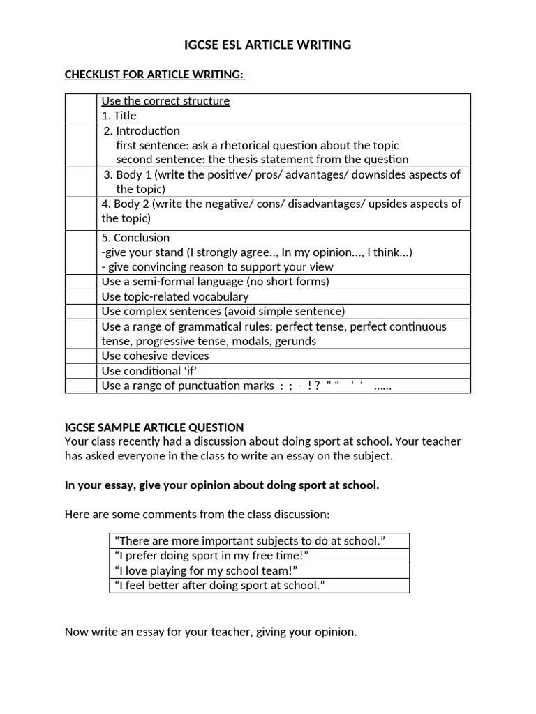 Igcse Esl Article Writing | PDF | Question | Linguistics