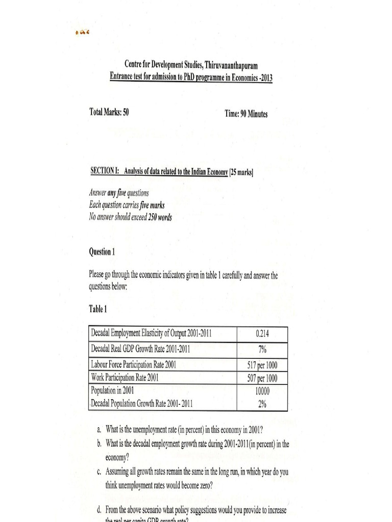 PHD Entrance Exam Question Paper 2013 Min | PDF | Inflation | Economic ...