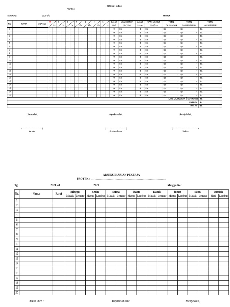 Contoh Form Absen Tukang Proyek | PDF