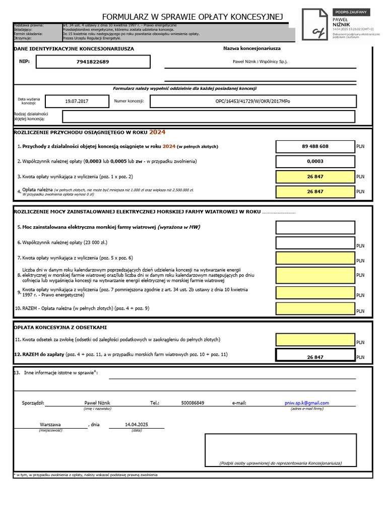 Formularz W Sprawie Oplaty Koncesyjnej 2024 | PDF