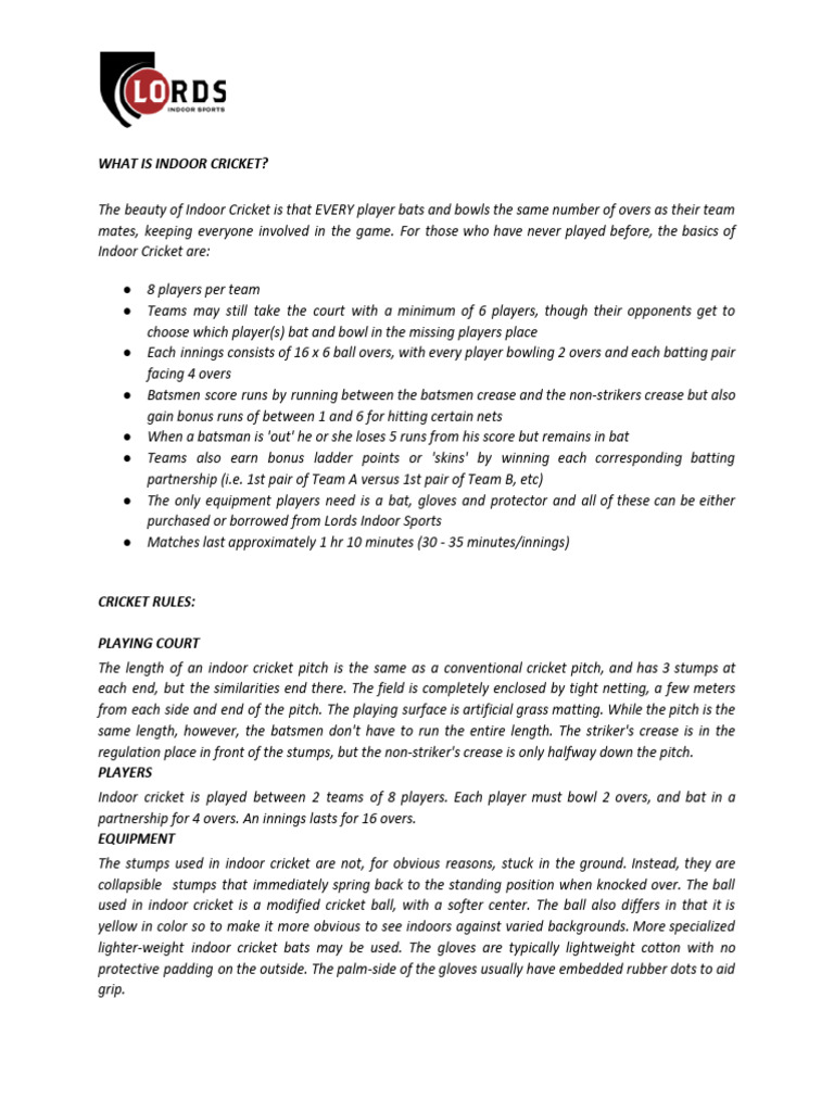 Lords Indoor Cricket Rules Overview | PDF | Cricket | Sports Rules And ...