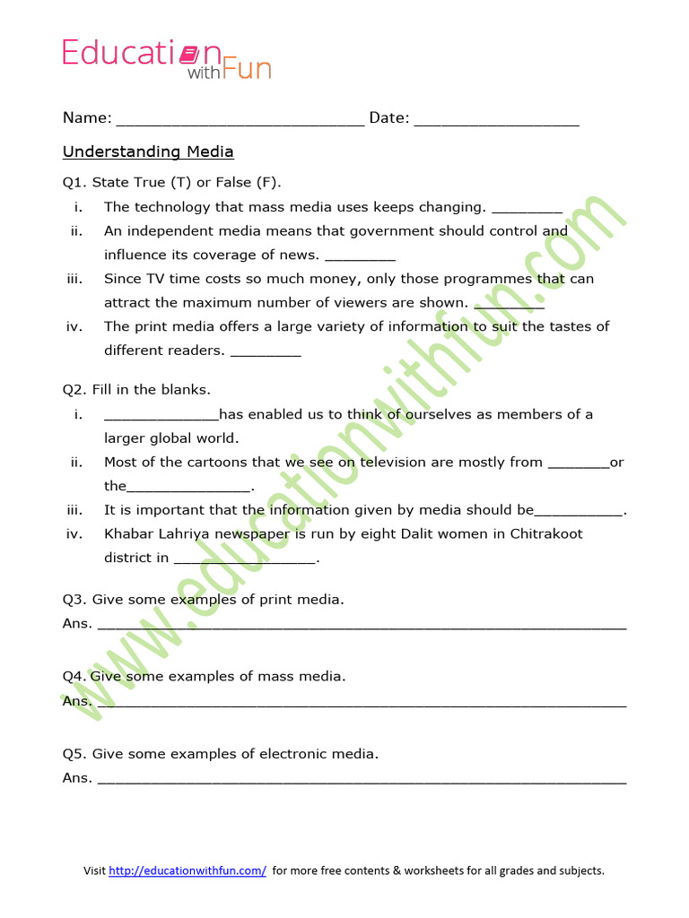 Understanding Media Worksheet 1 | PDF | Mass Media | Social Institutions