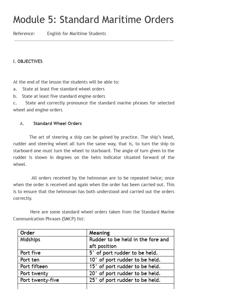 Maritime English - Module 5 - Standard Maritime Orders | PDF ...