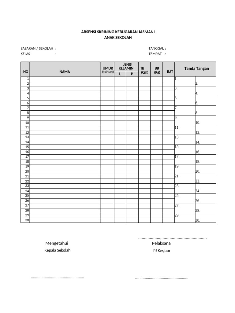 ABSENSI SKRINING KEBUGARAN JASMANI | PDF