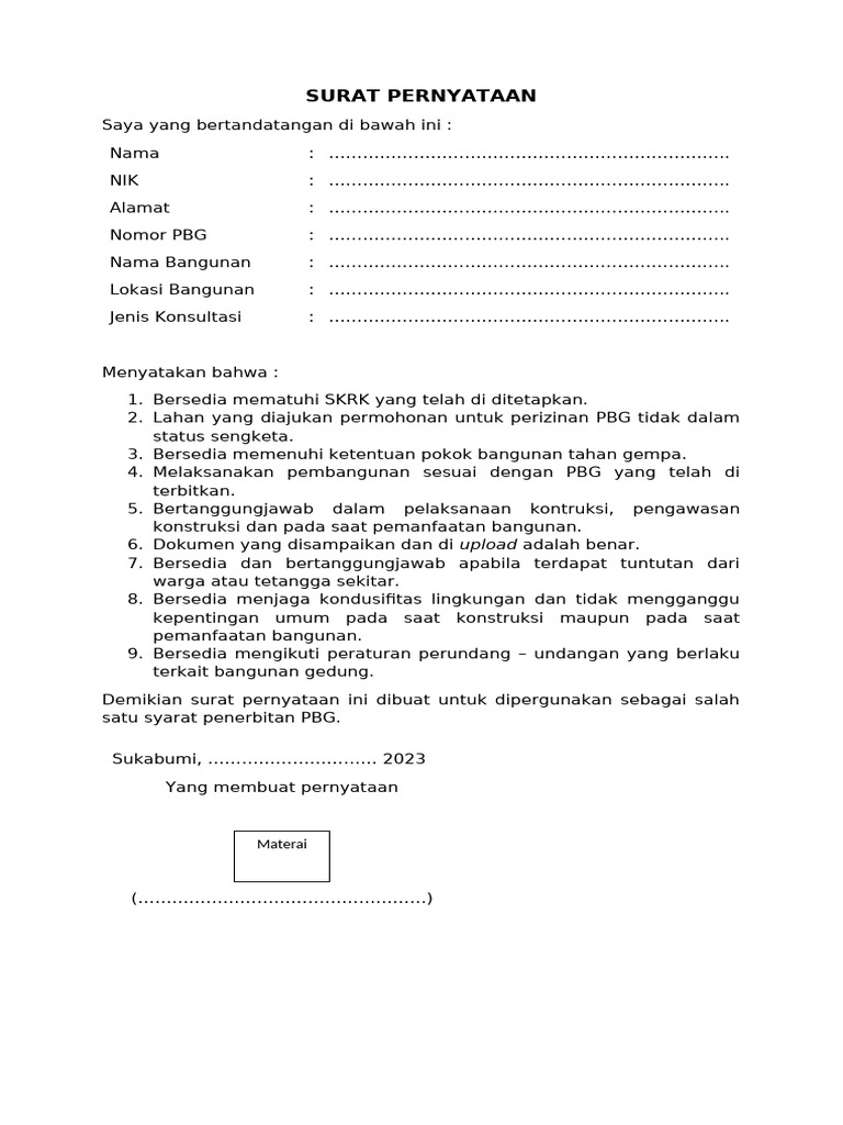 SURAT PERNYATAAN PBG Kosong | PDF