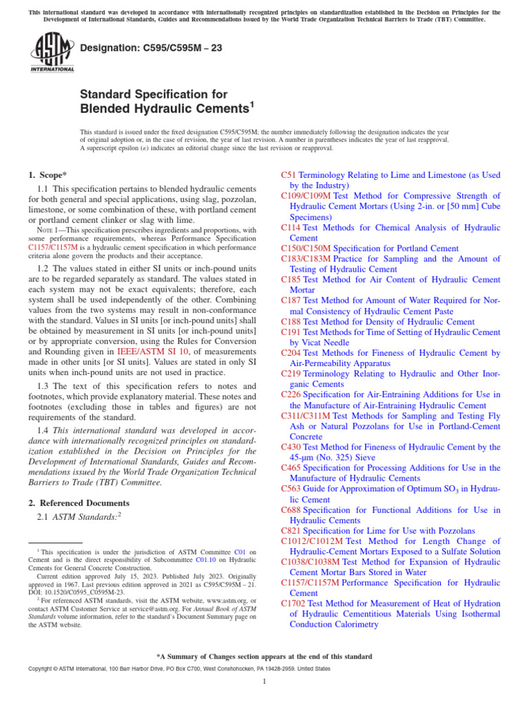ASTM C595 - C595M-23 Standard Specification For Blended Hydraulic ...