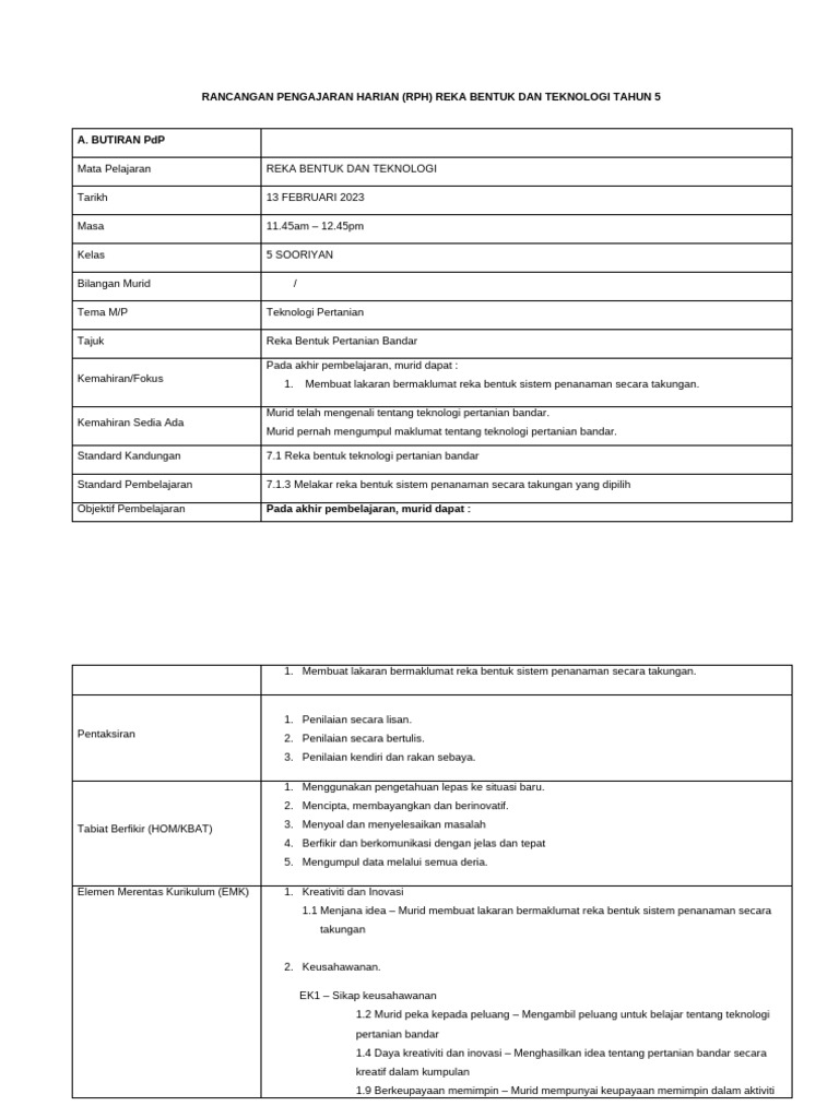 RPH TAHUN 5 13 FEB 2023 | PDF