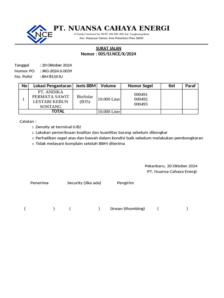 Form Surat Jalan Pt. Nce | PDF