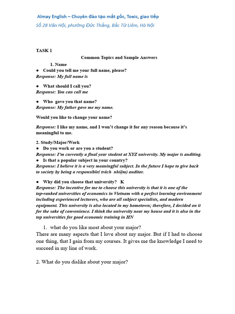 Speaking Task 1 - Sample Answers | PDF | Wedding | Vietnamese Cuisine