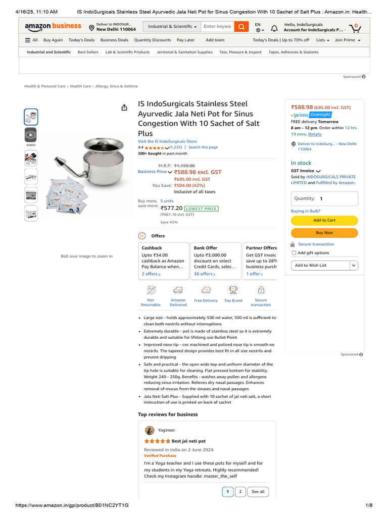 Is IndoSurgicals Stainless Steel Ayurvedic Jala Neti Pot For Sinus Congestion With 10 Sachet of ...