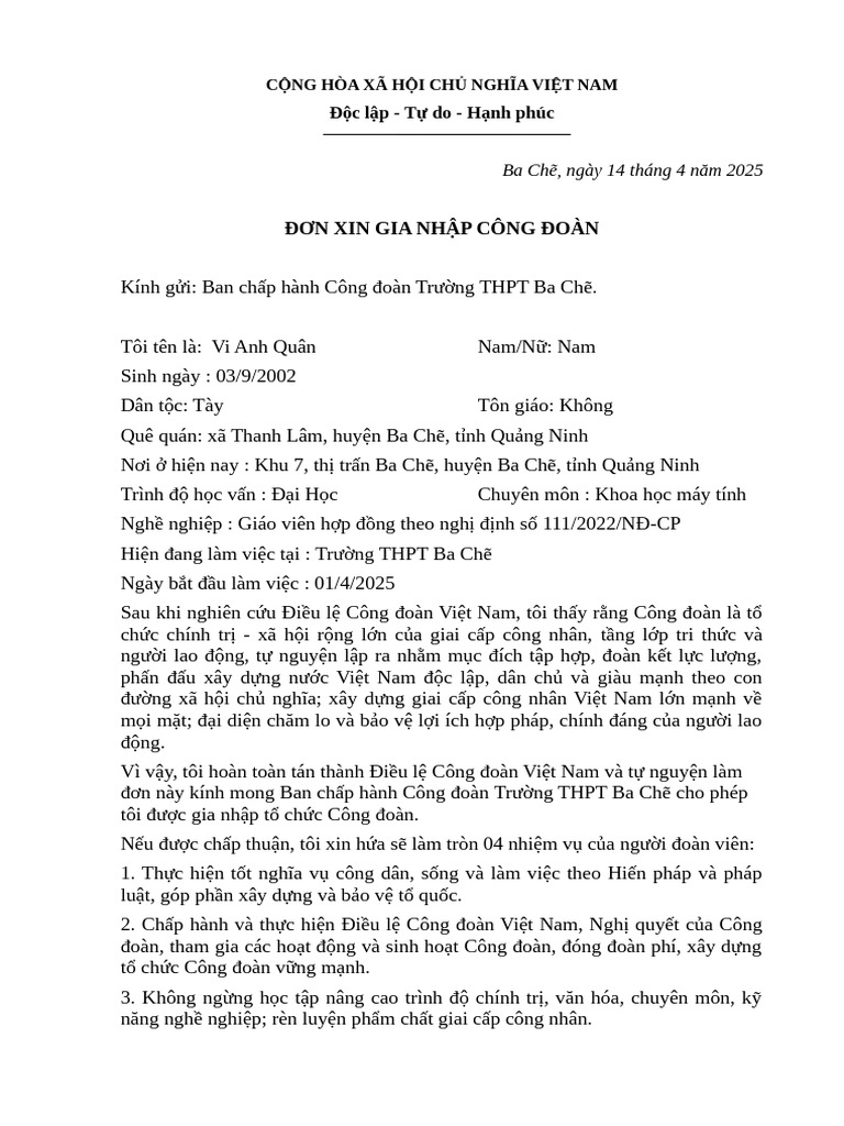 Mau Don Xin Gia Nhap Cong Doan 2511162503 | PDF