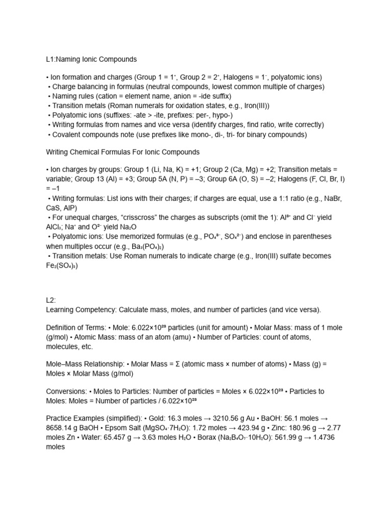 Ionic Compounds and Mole Calculations | PDF | Mole (Unit) | Ion