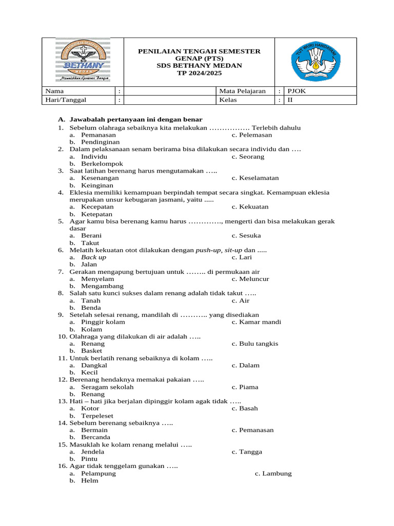 Soal Pts Pjok Kelas 2 | PDF