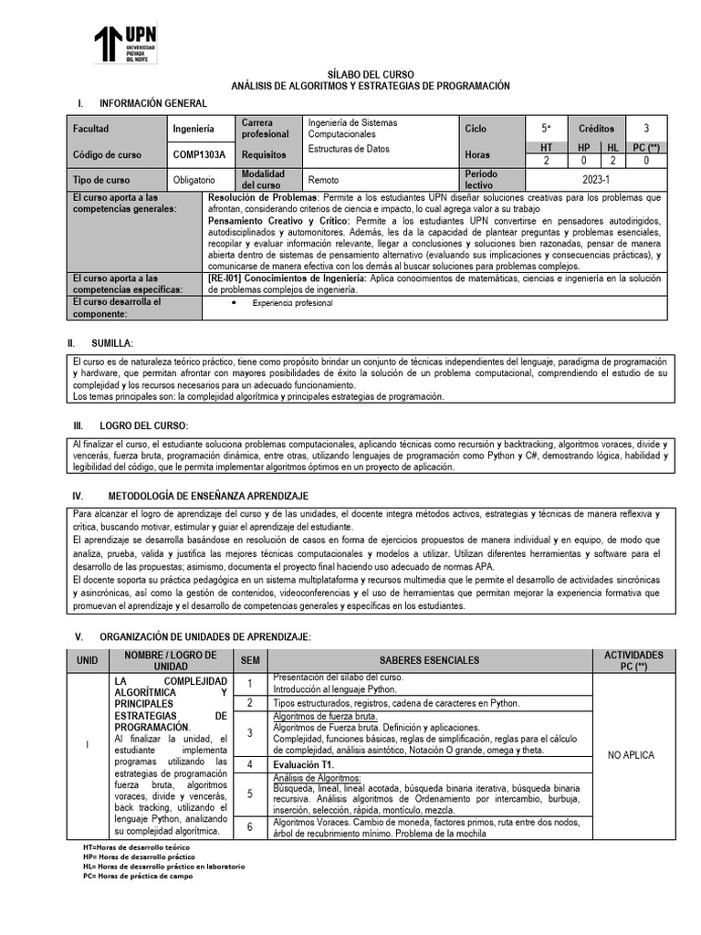 SÍLABO ANÁLISIS DE ALGORITMOS Y ESTRTEGIAS DE PROGRAMACIÓN 2023-1 | PDF | Pensamiento ...