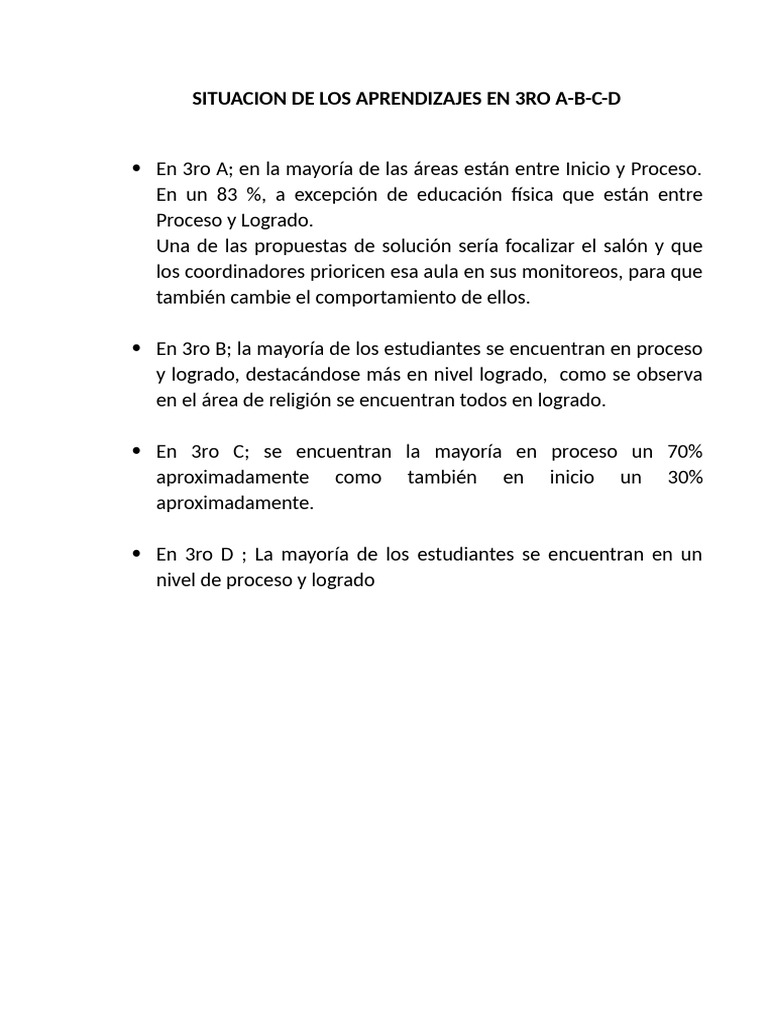 Situacion de Los Aprendizajes en 3ro A | PDF