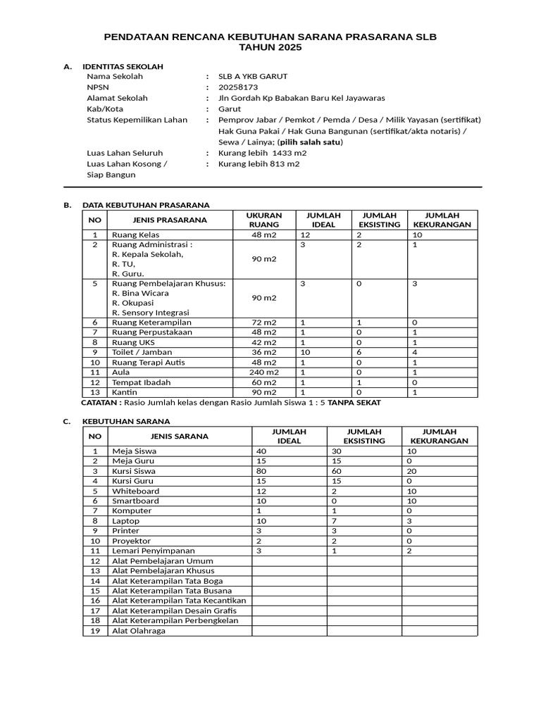 Form Pendataan Kebutuhan Sarpras SLB - 2025 | PDF
