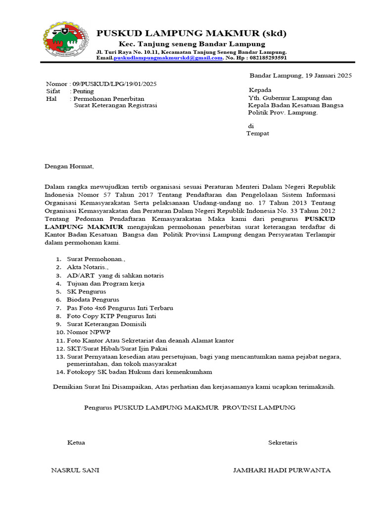 CONTOH SURAT PERMOHONAN PENGAJUAN TERDAFTAR ORMAS (2)(1) | PDF