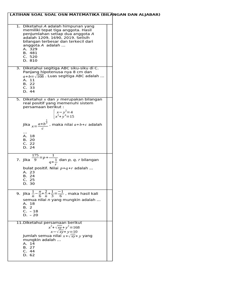 Latihan Soal Soal Osn Matematika | PDF