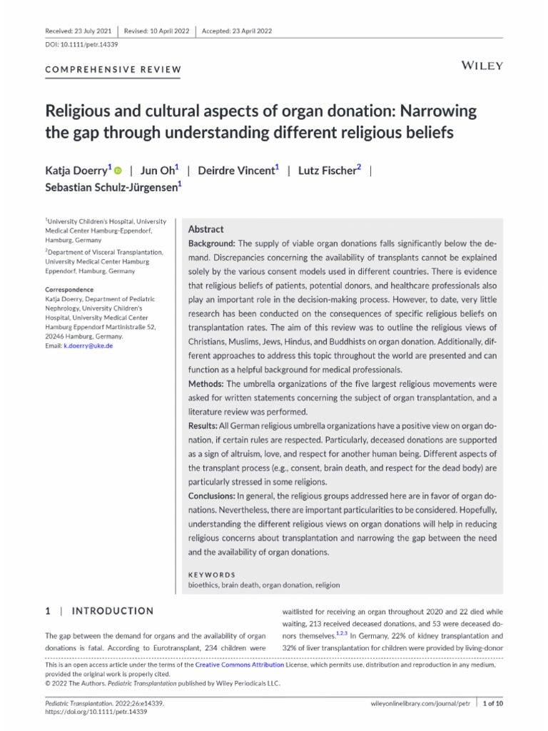 Religious and Cultural Aspects of Organ Donation - Narrowing The Gap ...