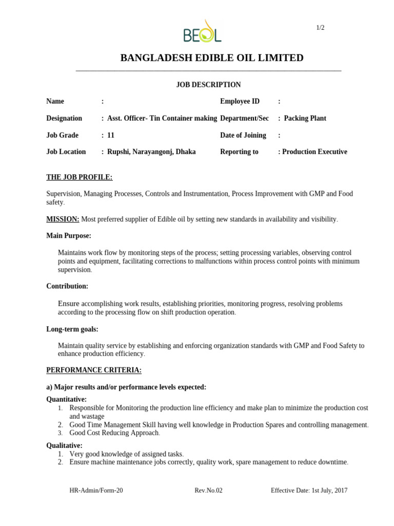 Job Description - Asst Officer-BEOL - Tin Plant | PDF | Business