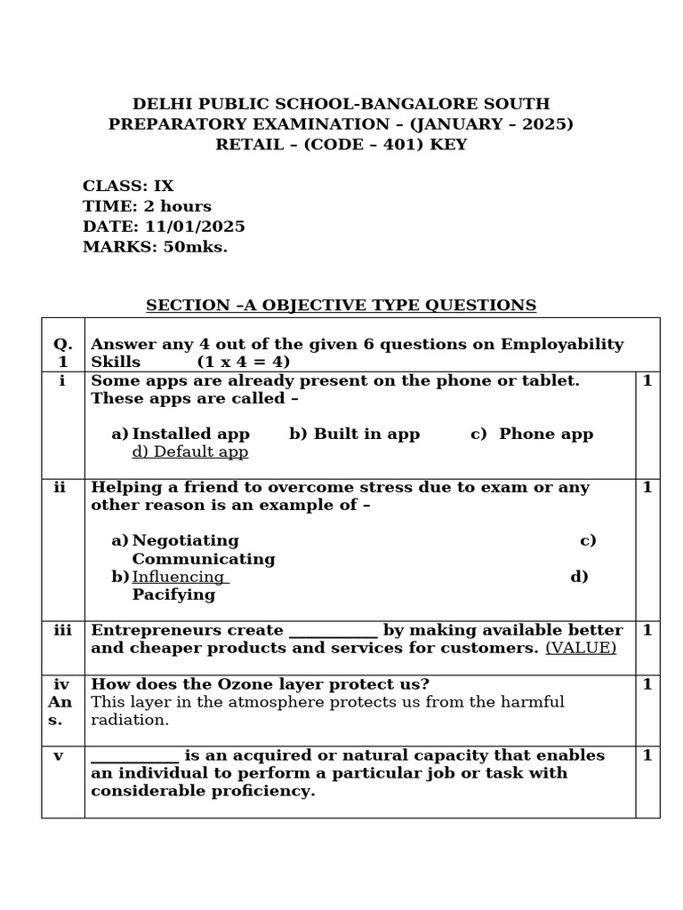 Class 9 Retail Preparatory Paper Key - January 2025 | PDF | Retail ...