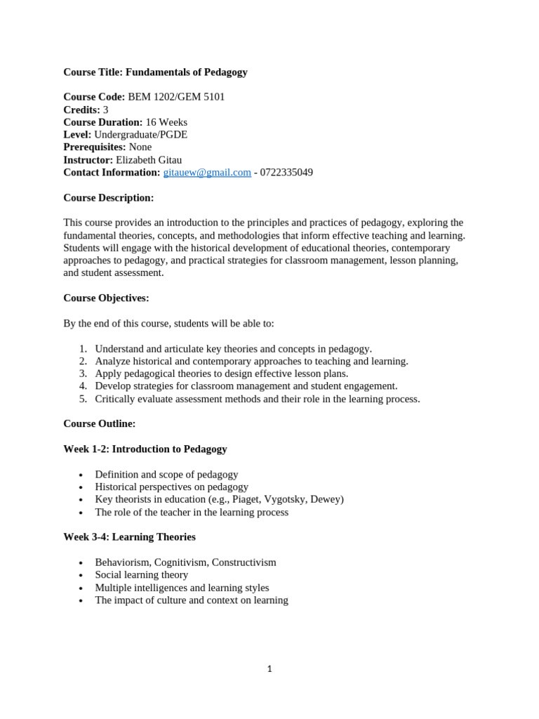Bem 1202 Fundamentals of Pedagogy Course Outline and Notes Lesson 1-7 ...