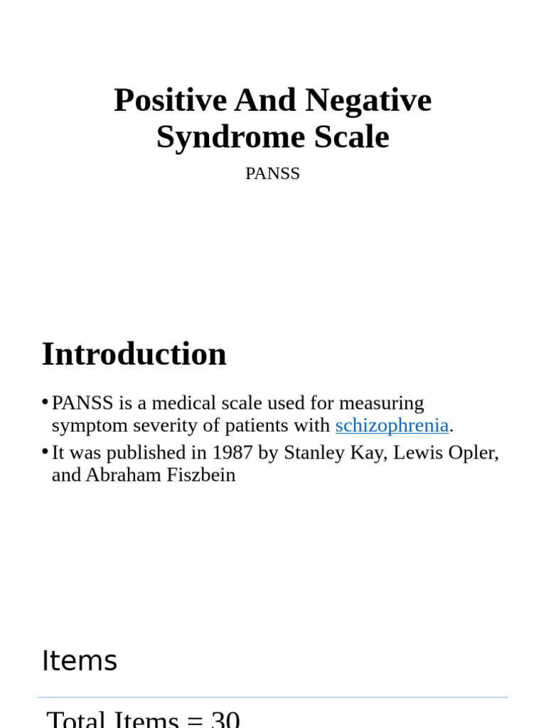 PANSS Scale for Schizophrenia Assessment | PDF