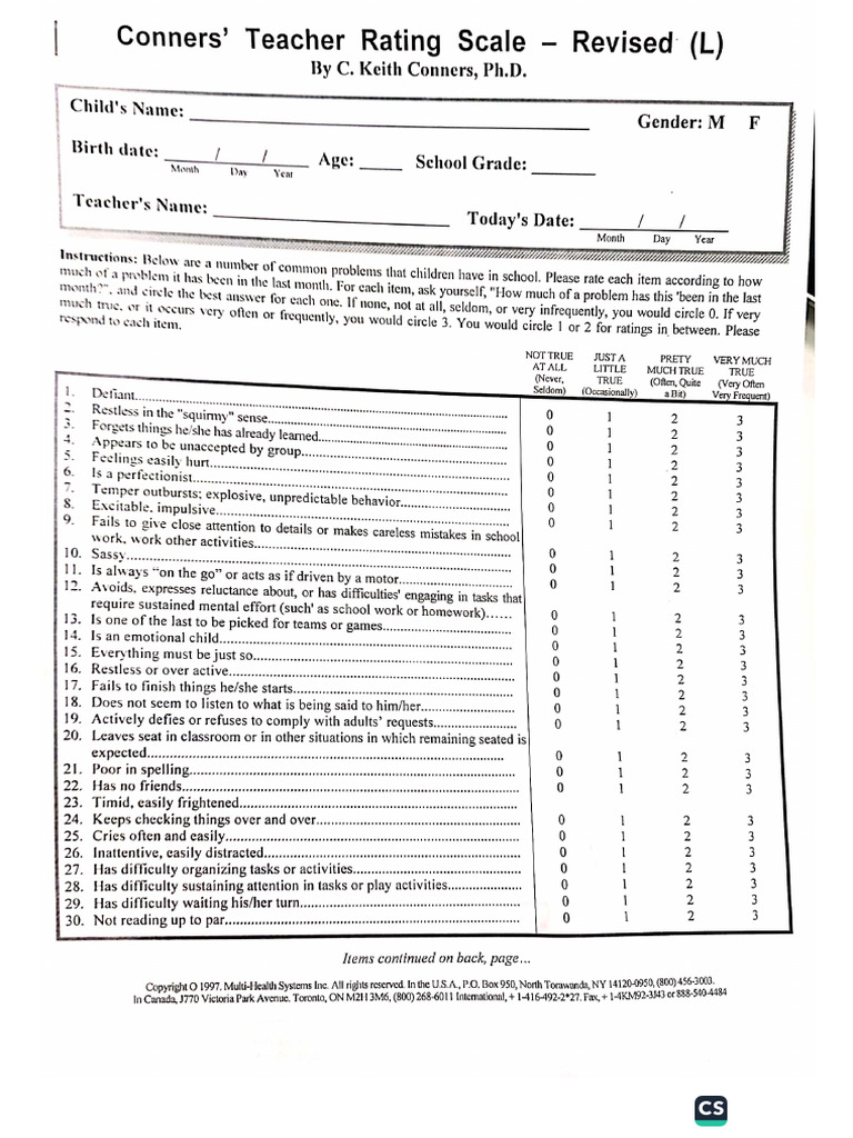 Conner's Teacher Rating Scale | PDF