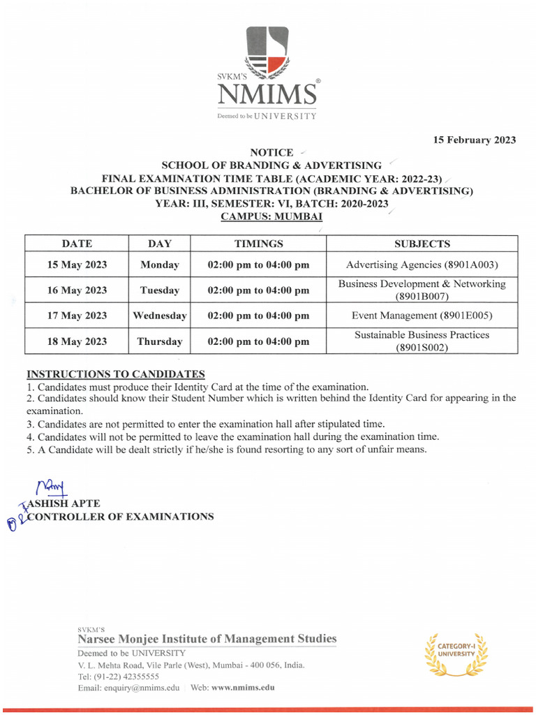 SemVIFinal Examination TimeTable SOBA Academic Year 2022 23 | PDF