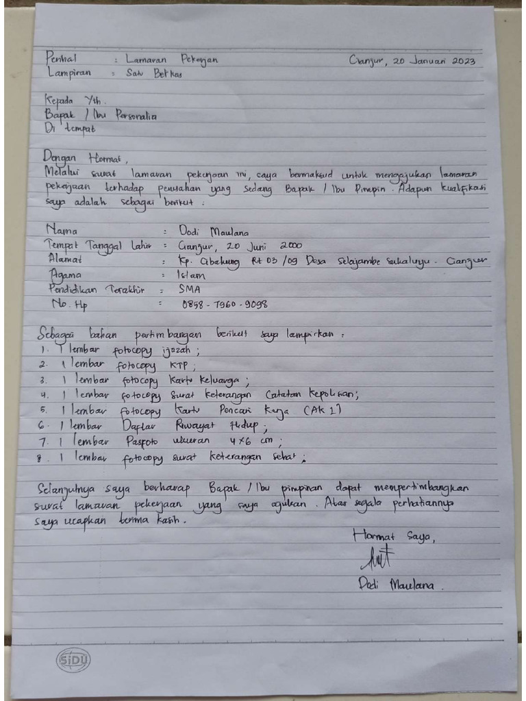 CV Dan Lamaran Dodi | PDF