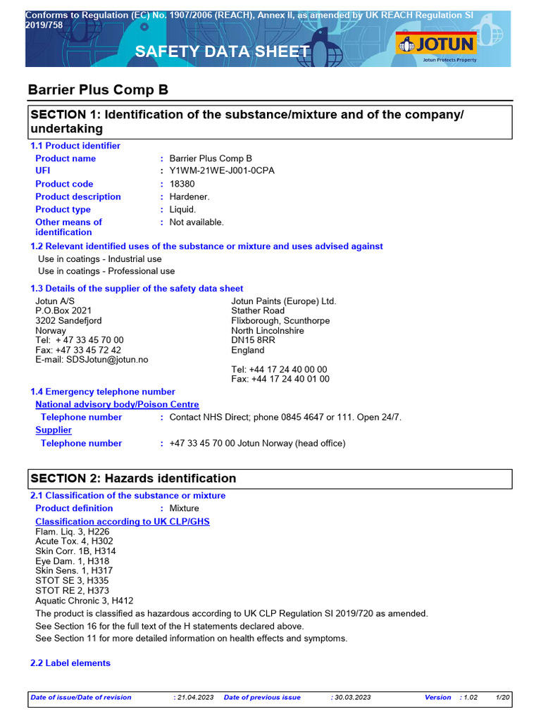 Barrier Plus Comp B Safety Data Sheet | PDF | Occupational Safety And ...