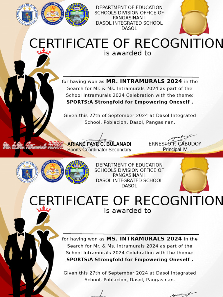 Certificate For Mr. and Ms. Intramurals 2024 | PDF