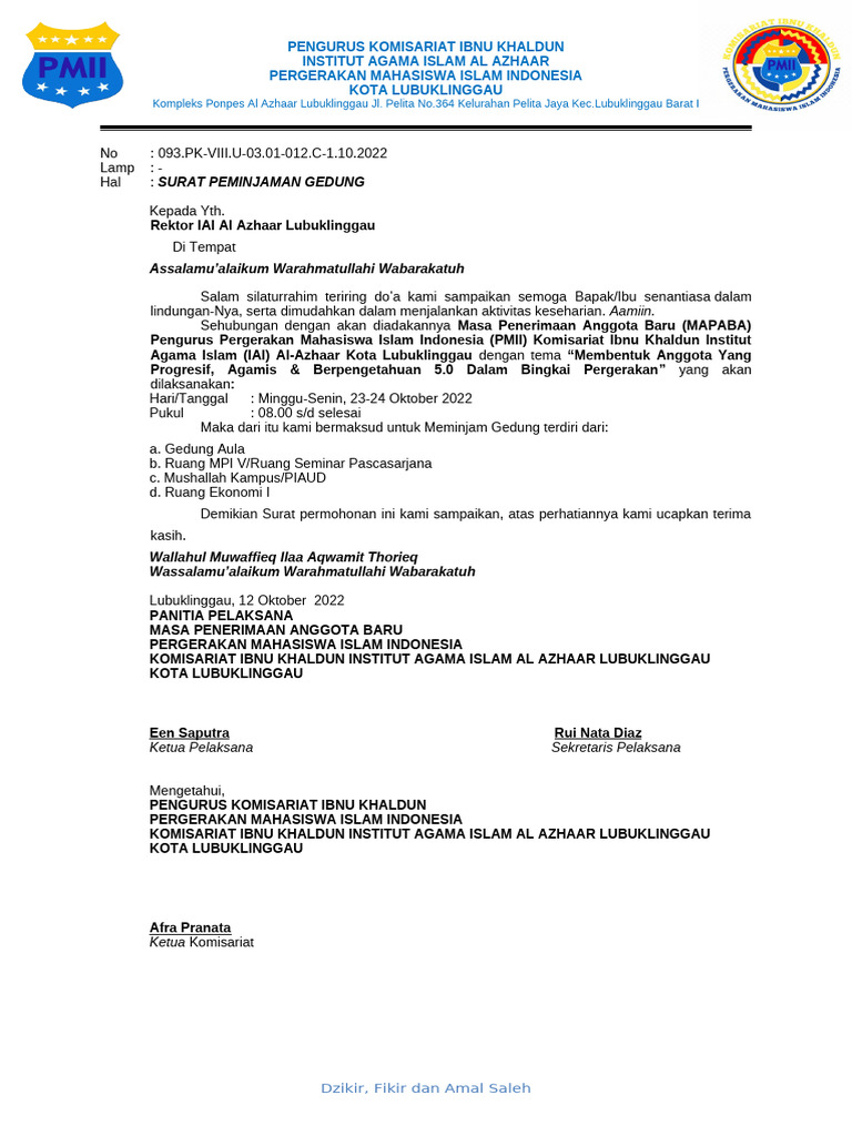Surat Peminjaman Gedung MAPABA PMII | PDF