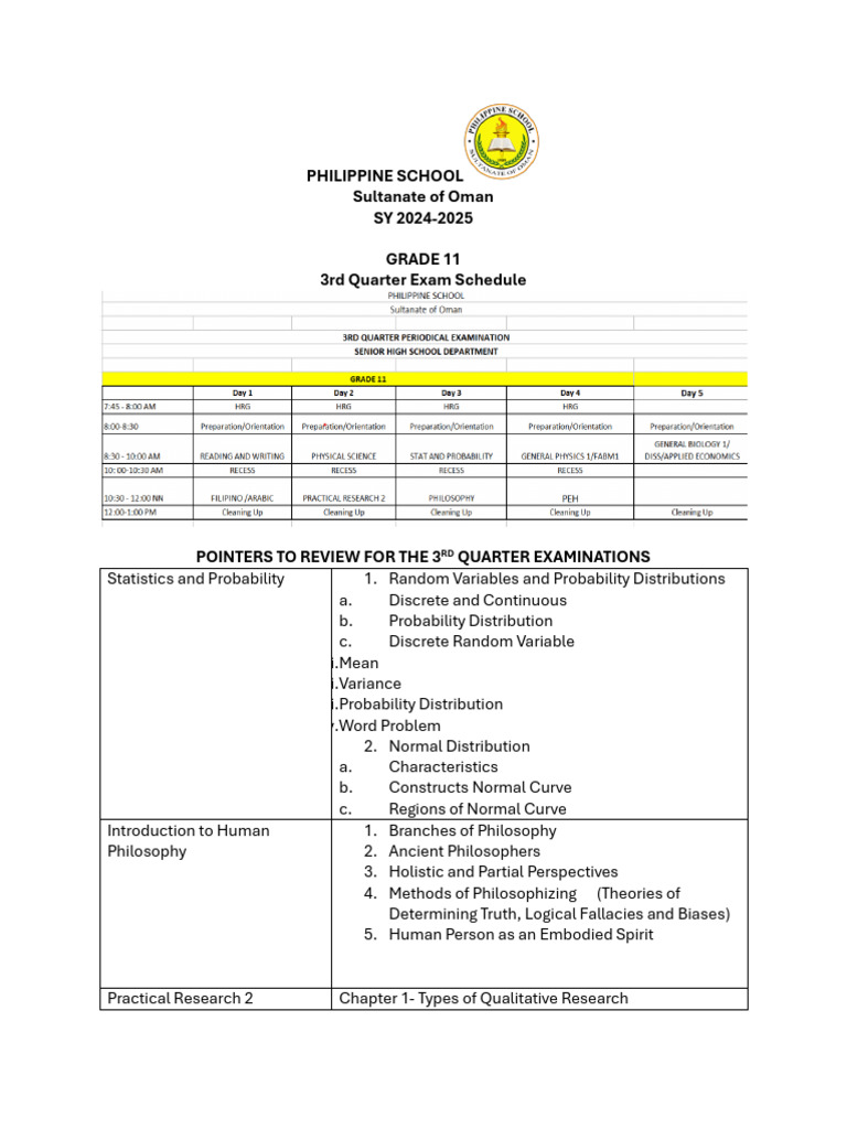 3rd QTR Exam Schedule&Pointers - Grade 11 | PDF | Acceleration | Chemical Bond