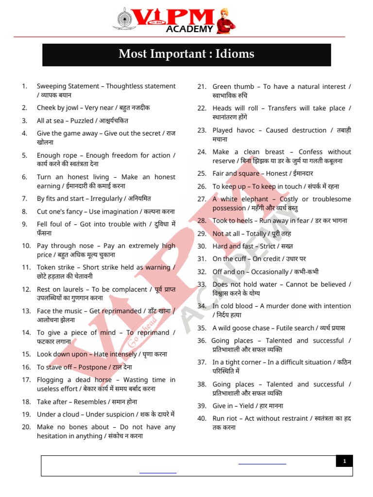 Most Important Idiom Q1 To 323 | PDF