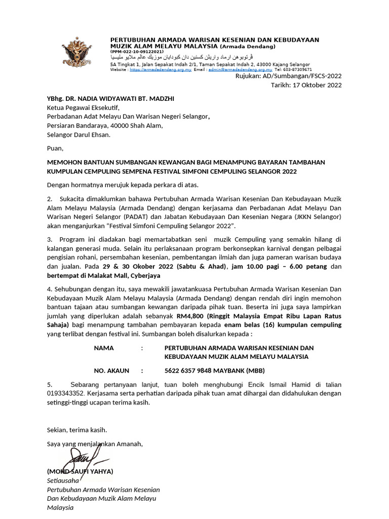 Surat Mohon Tajaan Dan Sumbangan Festival | PDF