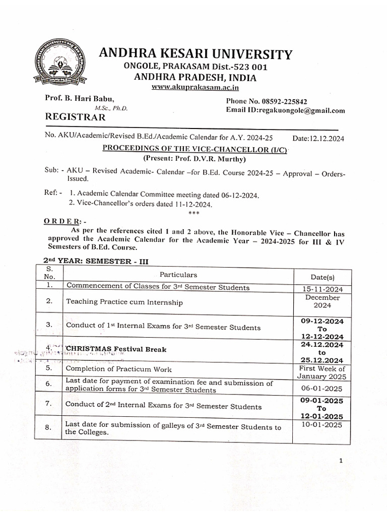 Revised B.Ed - Second Year Academic Calendar 1 | PDF