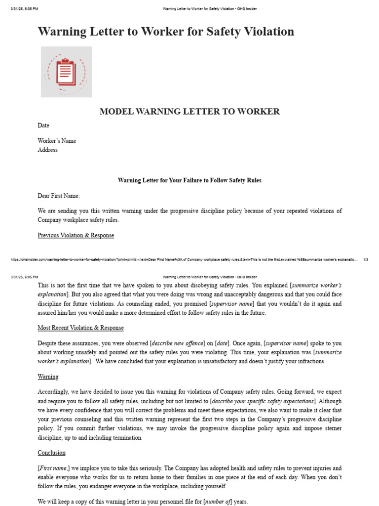Safety Violation Warning Letter Template | PDF | Occupational Safety ...